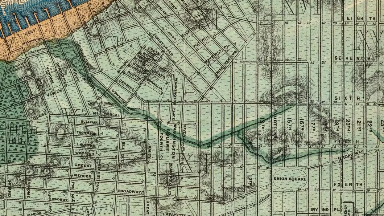 Map hanesyddol Minetta Creek, Nant Minetta, Pentref Greenwich