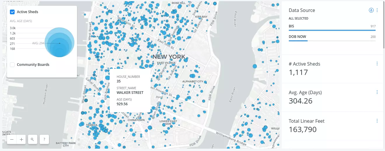 Interaga mapo spuras la 270 mejlojn da trotuaraj ŝedoj de Novjorko en reala tempo 14121_2