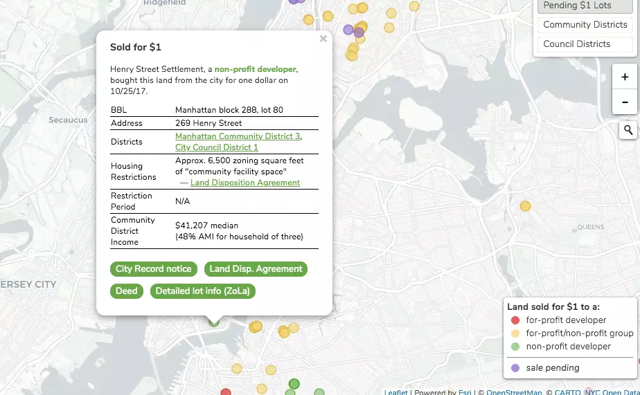Энэхүү газрын зураг нь Нью-Йорк хотод 1 доллараар зарагдсан сул газруудыг харуулж байна 14536_1