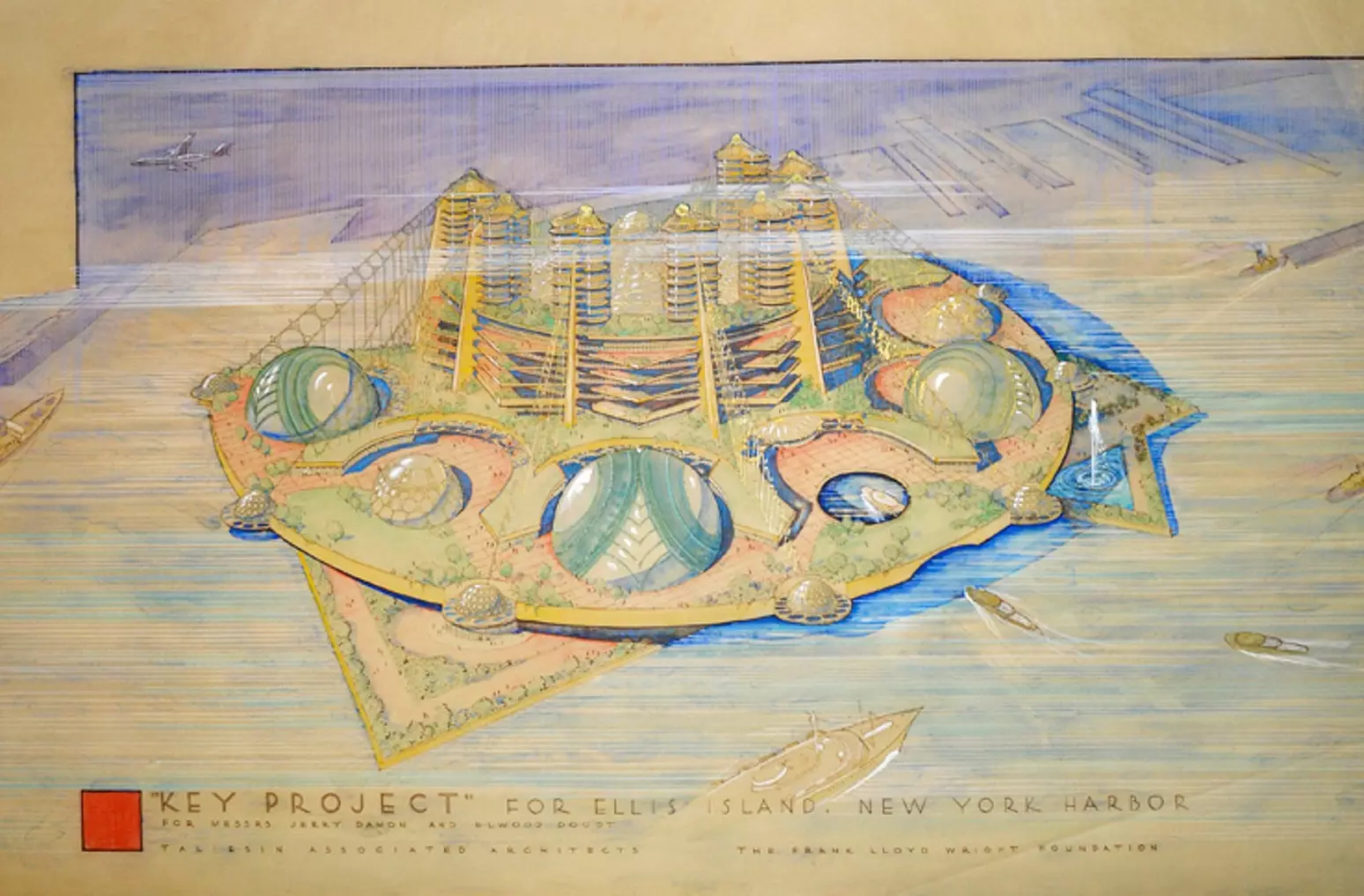 Frank Lloyd Wright had een plan om een 'stad van de toekomst' te bouwen op Ellis Island 15947_1