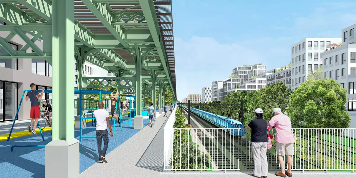 Nowe renderingi proponowanego korytarza Triboro, 17-przystankowego zewnętrznego tramwaju miejskiego i parku liniowego 17054_1
