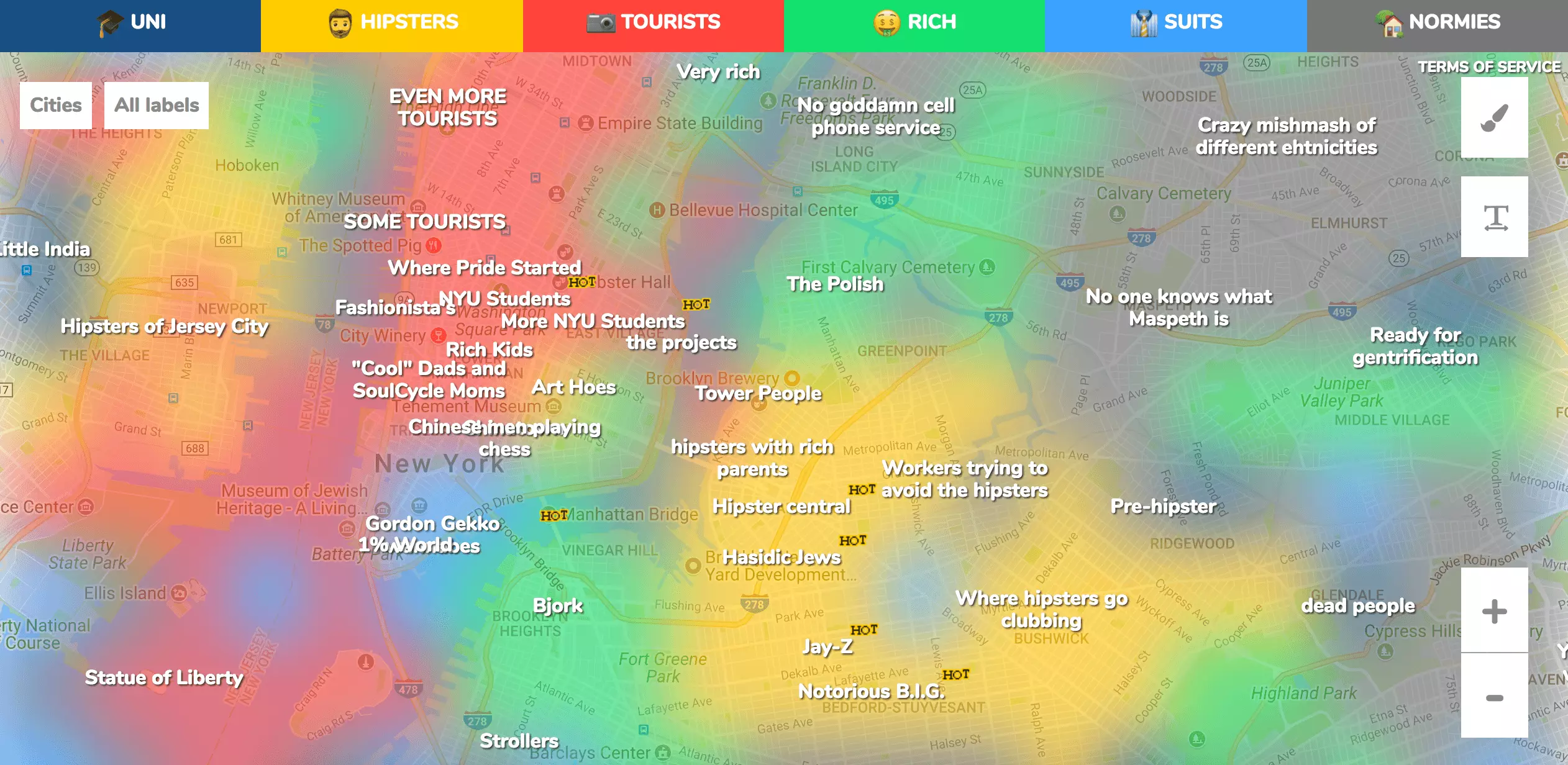 크라우드 소싱 지도는 모든 대도시에서 관광객과 힙스터가 상륙하는 위치를 보여줍니다. 17303_1