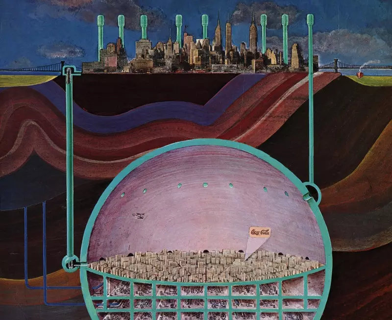 Architekto 1969 m. branduolinės pastogės plane parodytas mini Manhetenas, pastatytas tūkstančius pėdų po žeme