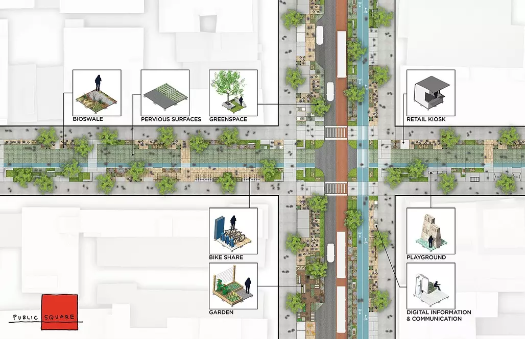 Plaza pública, arquitectos FXFOWLE, desafío del futuro sin conductor