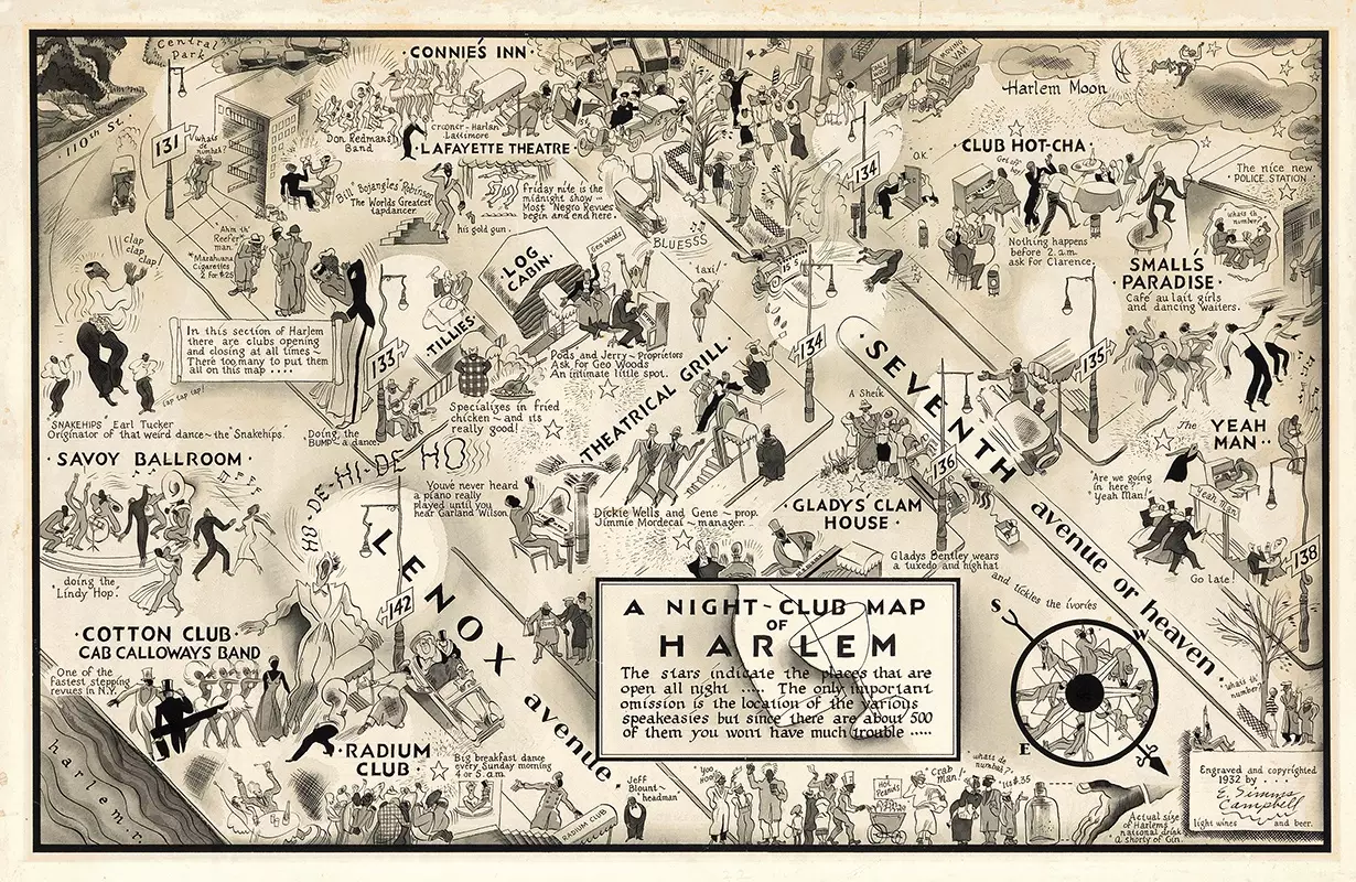 Bản đồ năm 1932 minh họa cuộc sống về đêm sôi động trong thời kỳ Phục hưng Harlem 18218_1