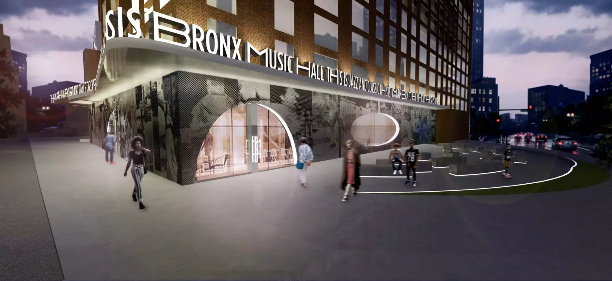 Bronx Commons, WHEDco, WXY Architecture, Danois Architects, Bronx Music Hall, манзили дастрас дар Бронкси Ҷанубӣ, Шарикони BFC
