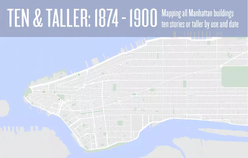 Ny fampirantiana 'Ten & Taller' dia mampiseho sarintany ny fiakaran'ny trano avo indrindra any Manhattan nanomboka tamin'ny 1874 ka hatramin'ny 1900 20173_1