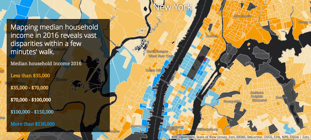 esri, divideix la riquesa, mapes, visualització de dades, classe mitjana en reducció, bretxa entre rics i pobres, riquesa, pobresa, demografia, mapa econòmic, mapes de Nova York, urbanisme, ciutats americanes