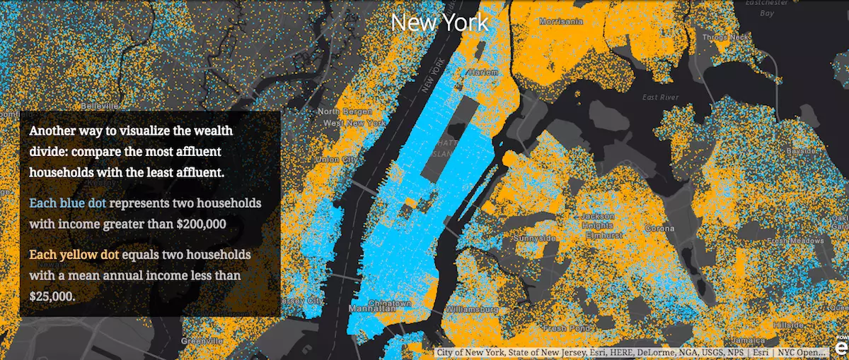 esri, 부의 분배, 지도, 데이터 시각화, 중산층 축소, 빈부 격차, 부, 빈곤, 인구 통계, 경제 지도, 뉴욕 지도, 도시주의, 미국 도시