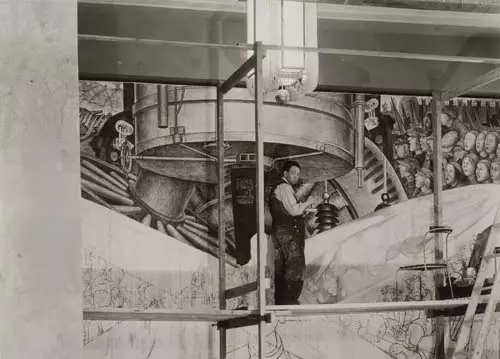 Rivera Diego pracuje na nástěnné malbě v Rockefellerově centru v roce 1933