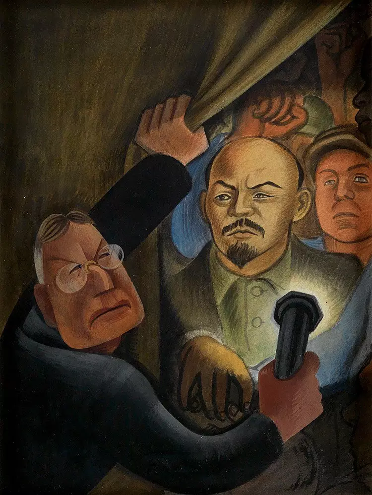 Карикатура Џона Д. Рокфелера млађег који открива контроверзни портрет лидера Совјетског Савеза Владимира Лењина на Риверином муралу, Човек на раскршћу, у Рокфелер центру у Њујорку. Риверино уврштавање Лењиновог портрета толико је разбеснело Рокфелера да је наредио Ривери да прекине радове, а мурали су уништени пре њиховог завршетка.