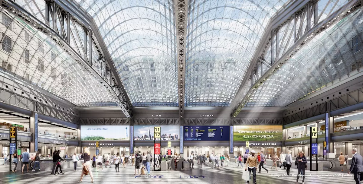 Moynihan Train Hall, Empire State Development Corporation, Amtrak, MTA, ANDREW CUOMO, COMPLEJO DE ESTACIONES EMPIRE, OFICINA DE CORREOS JAMES A. FARLEY, ESTACIÓN MOYNIHAN, ESTACIÓN PENN, Skidmore, Owings & Merrill, SOM, McKim, Mead & White, Madison Square Garden