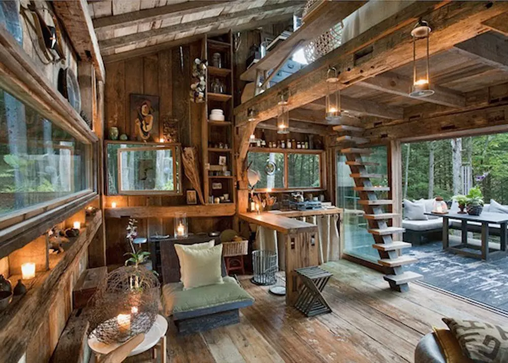 Scott Newkirk, kabin kayu kasar, pengunduran hutan, Yulan, New York, kabin kecil, luar grid, 14x14 Kaki, 14 kaki persegi
