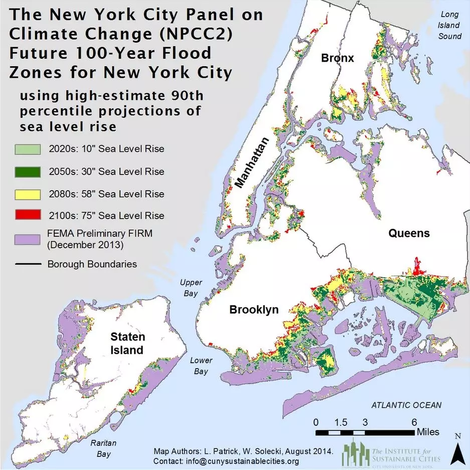 Mapa klimatických zmien NYC, stúpajúca hladina morí, panel New York City o klimatických zmenách