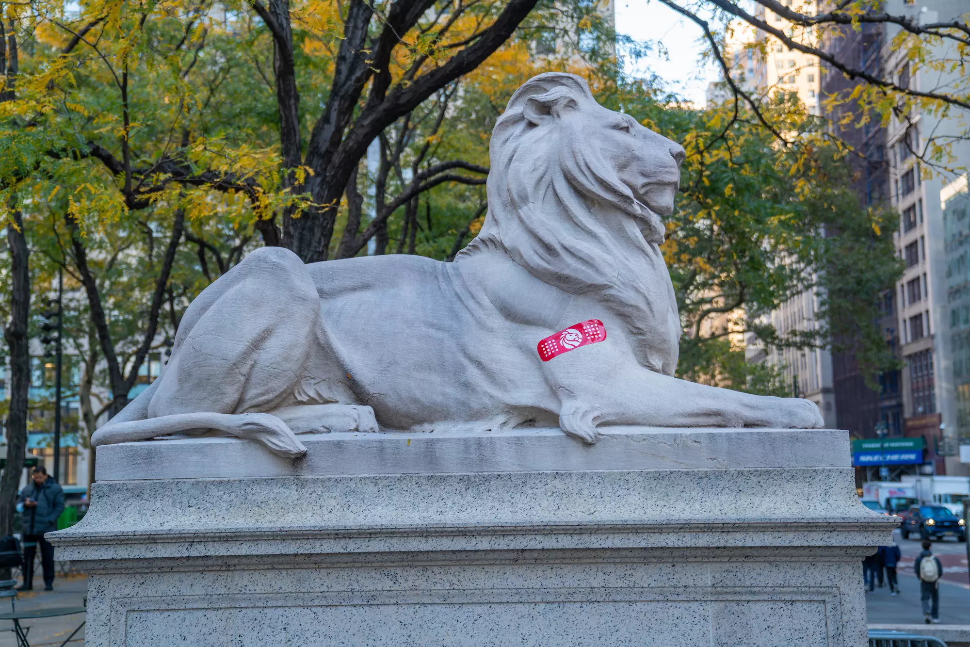 Die berühmten Marmorlöwen der New York Public Library zeigen übergroße Verbände, um Impfungen zu fördern 2314_2