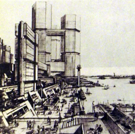 Hasumiya uku octagonal da aka shirya a ƙarshen ƙarshen megastructure a Battery Park City