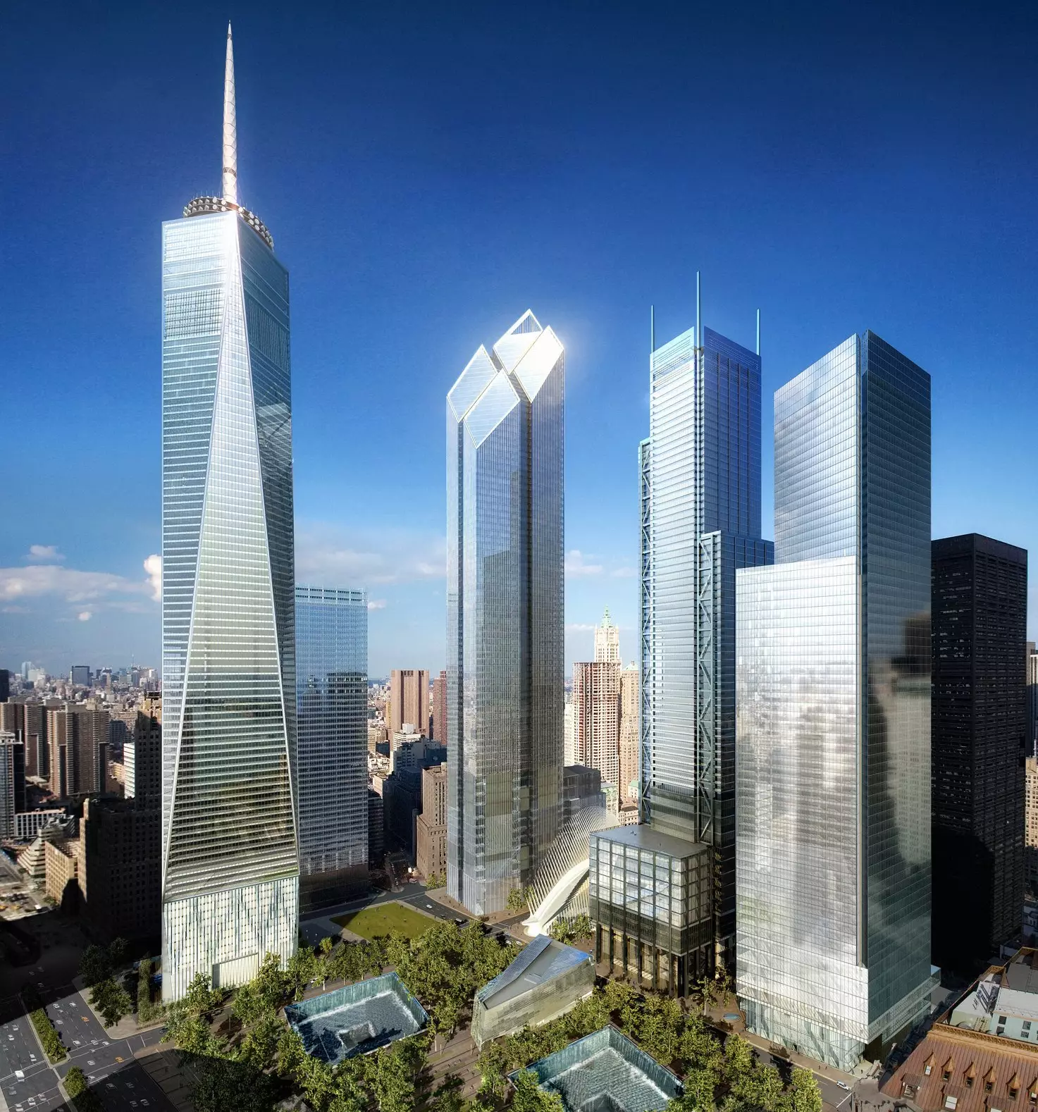Plán přestavby World Trade Center, při pohledu od jihozápadu, v roce 2006 s věžemi od Childse, Fostera, Rogerse a Makiho zleva doprava