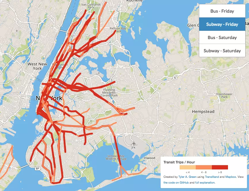 Šī karte parāda, cik bieži patiesībā kursē Ņujorkas metro 24343_1