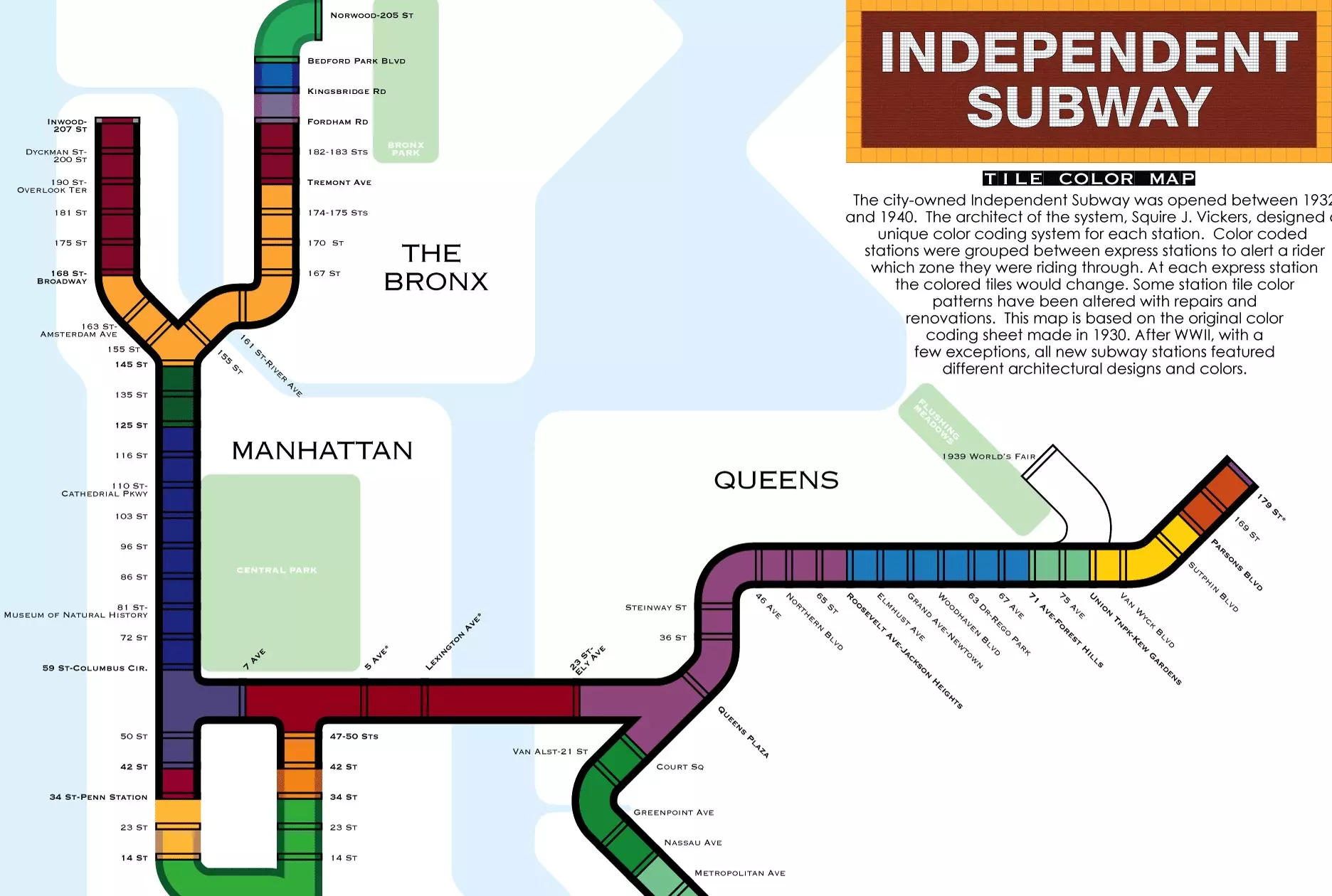 Тази карта обяснява историческата цветова система на плочките, използвана в метростанциите на Ню Йорк 25085_1