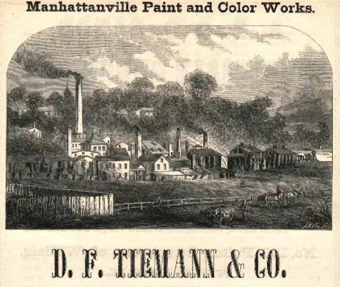 Mae D.F. Collodd Gwaith Lliw Tiemann & Company, Daniel F. Tiemann, Manhattanville, bentrefi yr Ochr Orllewinol Uchaf