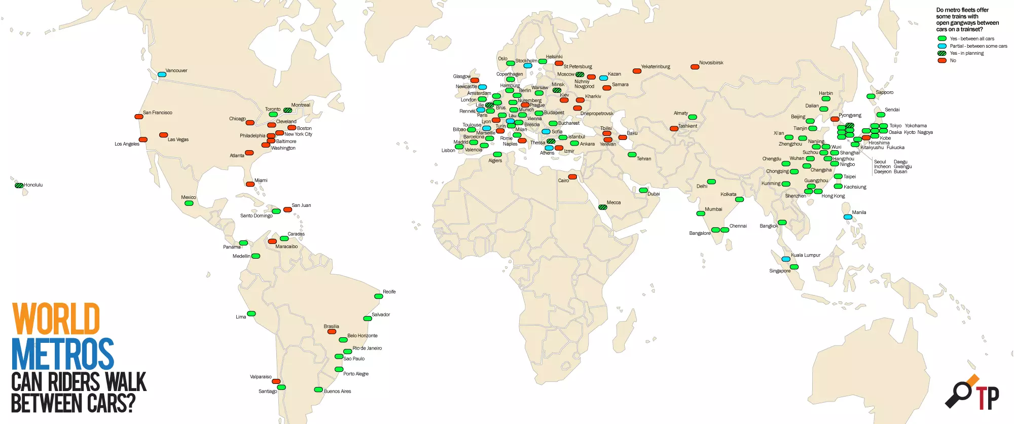მსოფლიო ქალაქების რუკების შედგენა, რომლებსაც უკვე აქვთ ღია Gangway მეტრო მატარებლები 25387_1