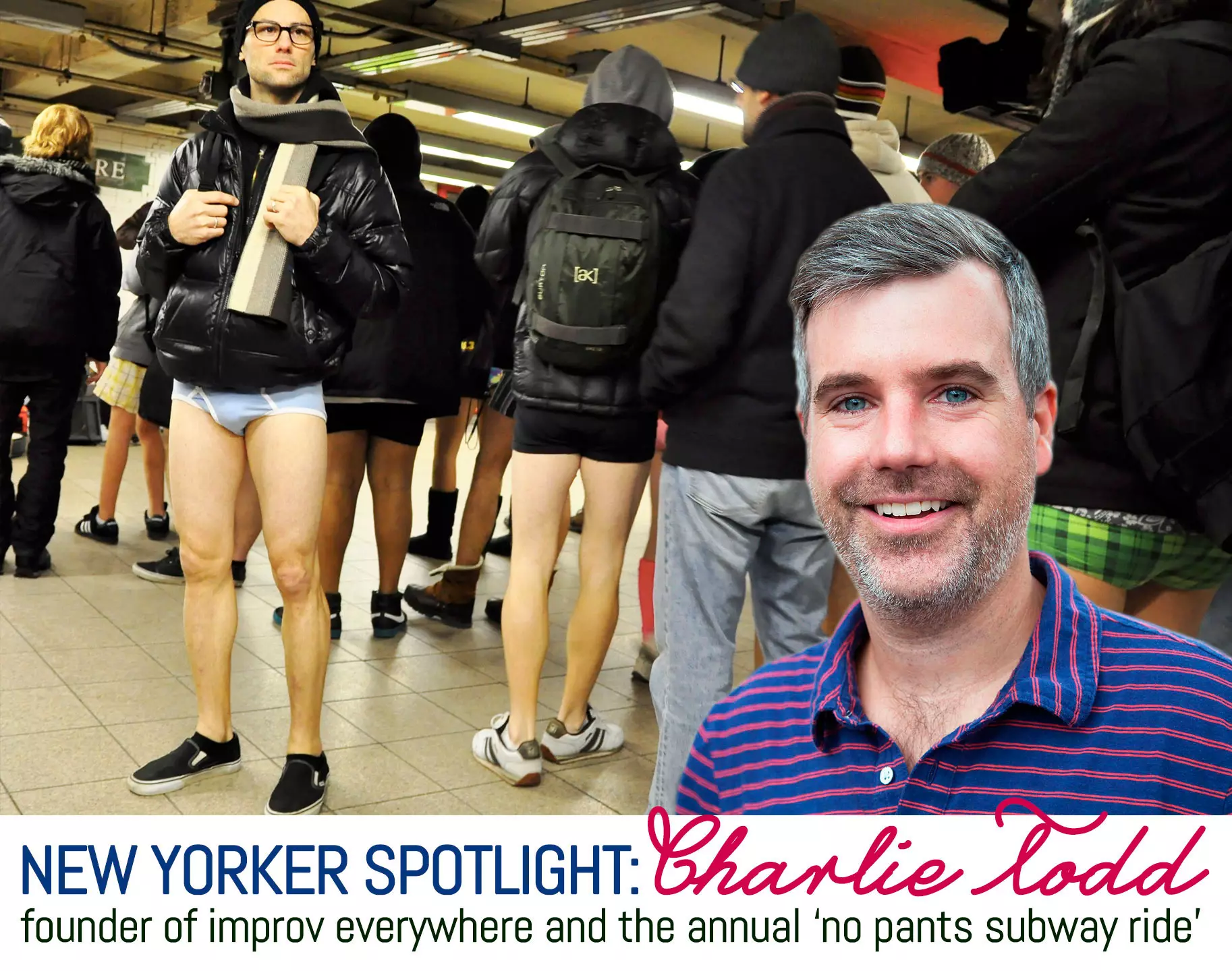 V središču pozornosti: Charlie Todd spravi Newyorčane, da se vozijo s podzemno železnico brez hlač 25627_1