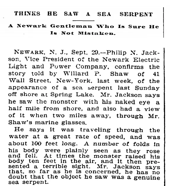 morska kača NYC NY Times članek 1895