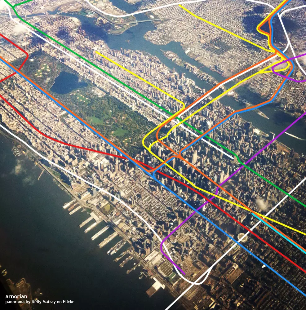 nyc-metrojärjestelmän kartta manhattanin ilmakuvan päällä, nyc-metroantenni