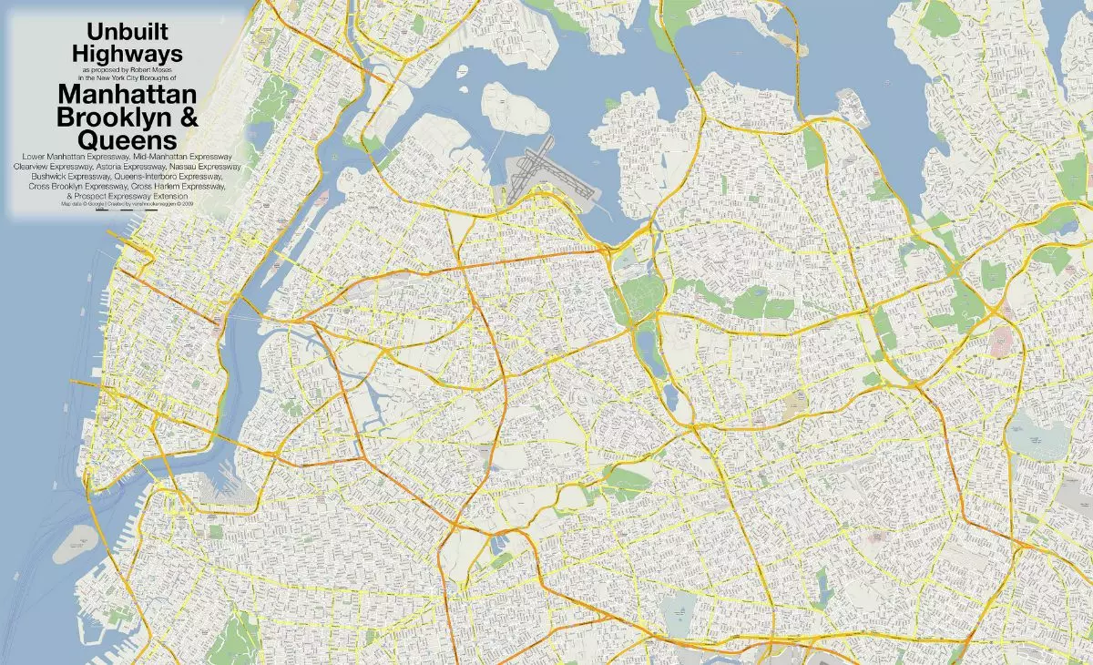 Mapo de la Neniam-Konstruitaj Aŭtovojoj de NYC de Robert Moses kaj Aliaj 27426_1