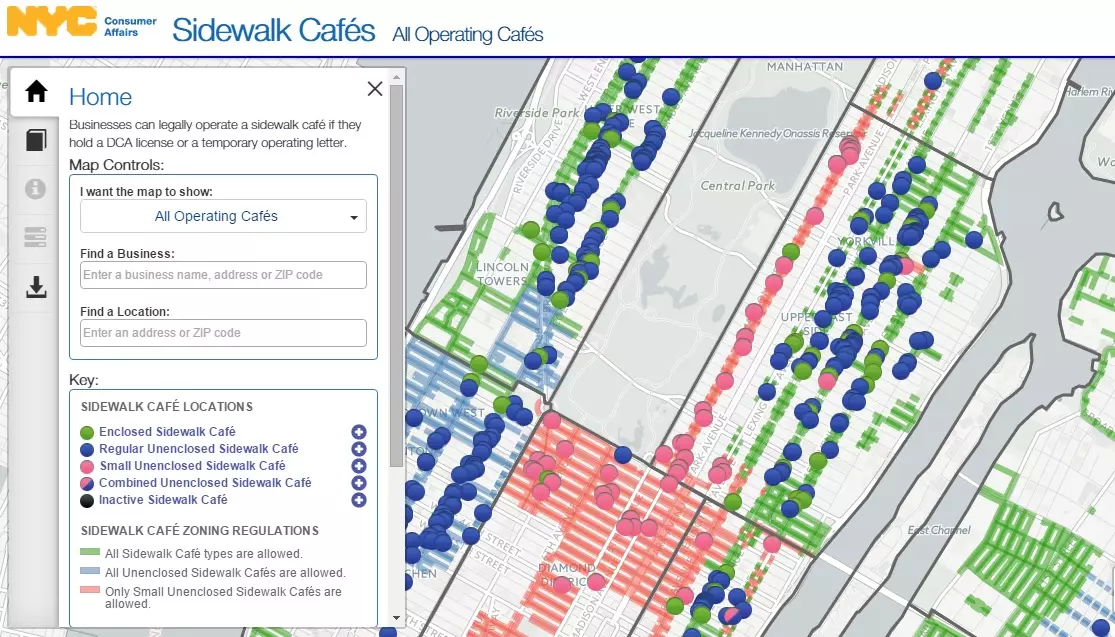 Haluatko ruokailla ulkosalla tänä iltana? Tämä interaktiivinen kartta näyttää kaikki 1 357 Sidewalk-kahvilaa New Yorkissa 27645_1