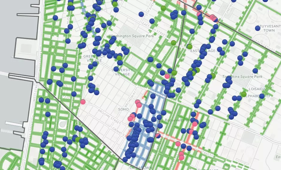 NYC trottoarkafékarta, trottoarkafé, uteservering NYC, interaktiva NYC-kartor