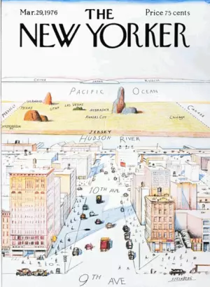 Saul Steinberg, View of the World ó 9th Avenue, clúdaíonn New Yorker, NYC taobh thiar thall