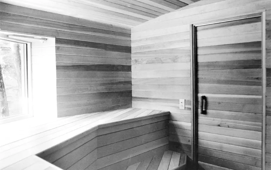 Dan Hisel, mirrored sauna, Cadyville Sauna, Cadyville, sib xyaw hauv hav zoov, ntoo cedar,