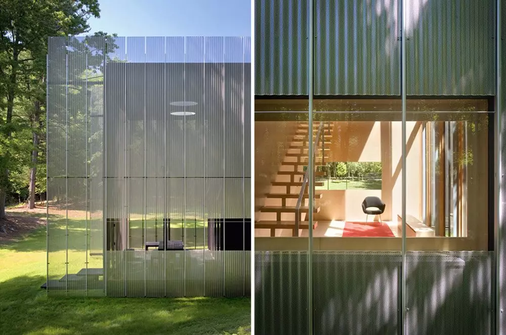 Woodland retreat, perforated steel curtain, Phifer and Partners, Hudson Valley, ស្ថាបត្យកម្មសាមញ្ញ, ផ្ទះគ្មានន័យ, Salt Point House