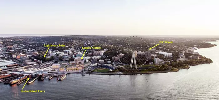 Proiect de reamenajare St. George, malul mării Staten Island, New York Wheel, Empire Outlet Mall, Lighthouse Point