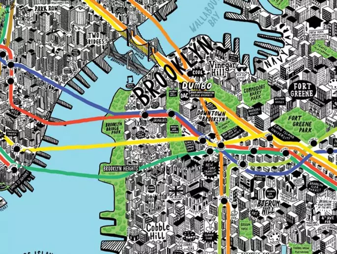 hartă desenată manual nyc, jenni sparks, hartă nyc, hărți cool nyc, hărți ilustrate nyc