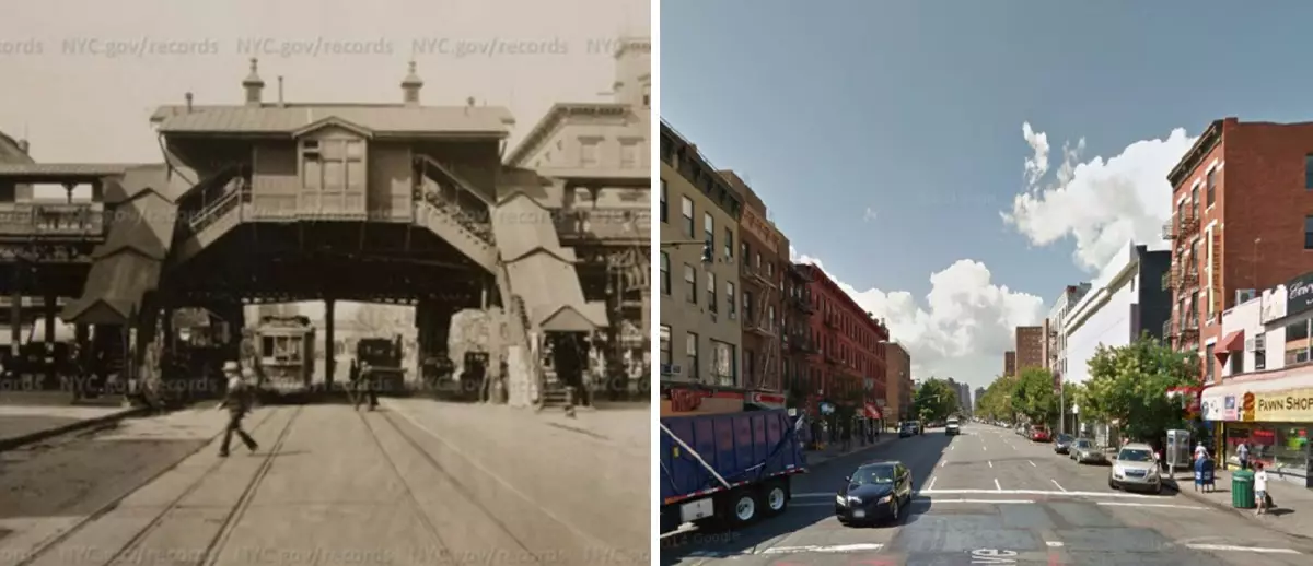 116th Street és Third Avenue, East Harlem történelmi fotók, emelt vonat Harlemben, NYC akkor és most fotók