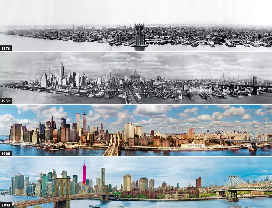 Гэтыя фатаграфіі Манхэтэна з Брукліна, складзеныя разам, паказваюць, як усё змянілася, хоць вы не зможаце ўбачыць сапраўды знакамітыя хмарачосы з гэтага ракурсу.