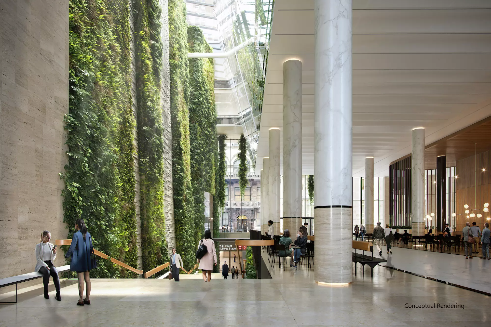 60 Wall Street fernijing ruilet postmodern atrium út foar in dakljocht en massive 100-foet griene muorre 3515_1