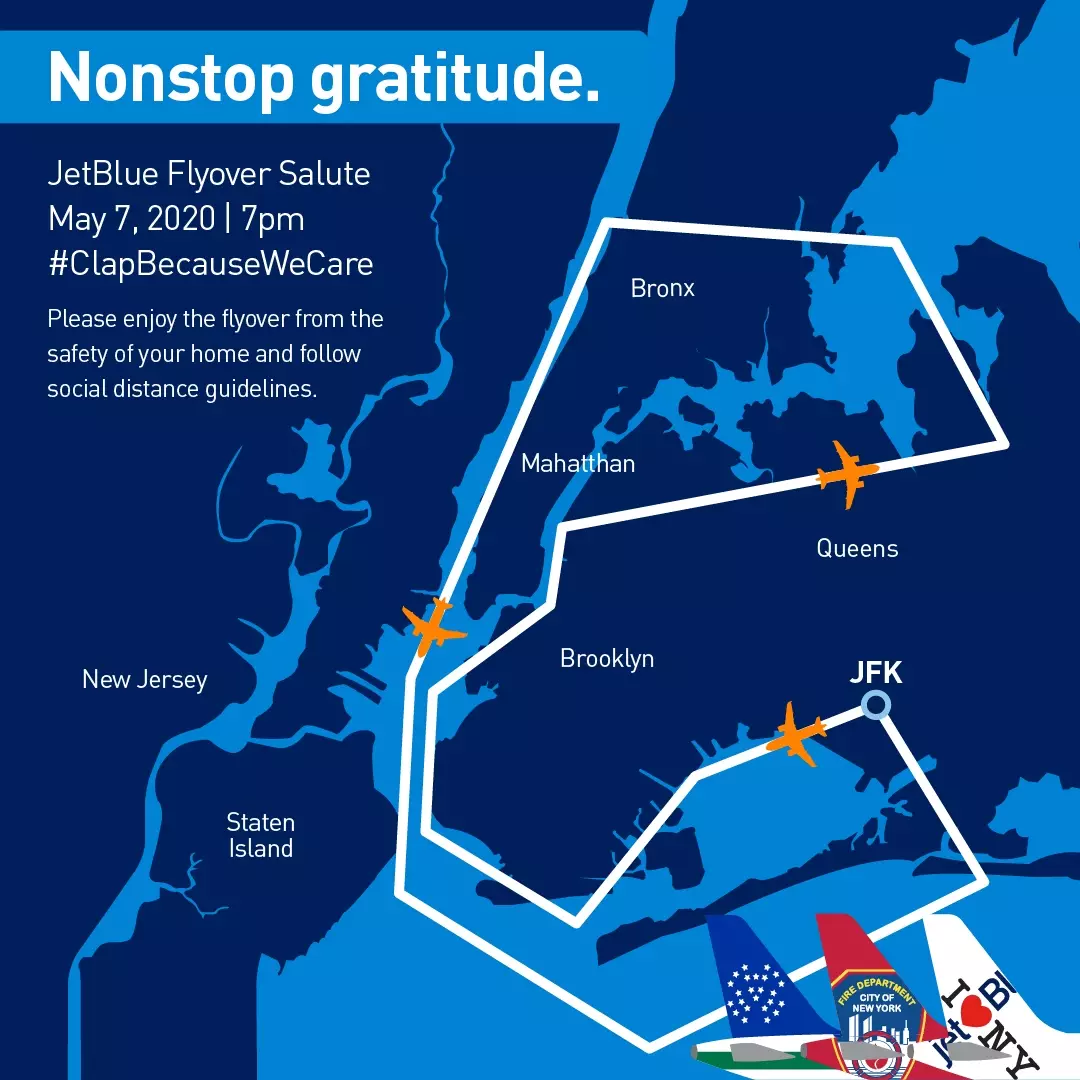 JetBlue şu gün agşam saglyk işgärlerini hormatlamak üçin NYC uçuş gatnawyny amala aşyrýar 6424_2