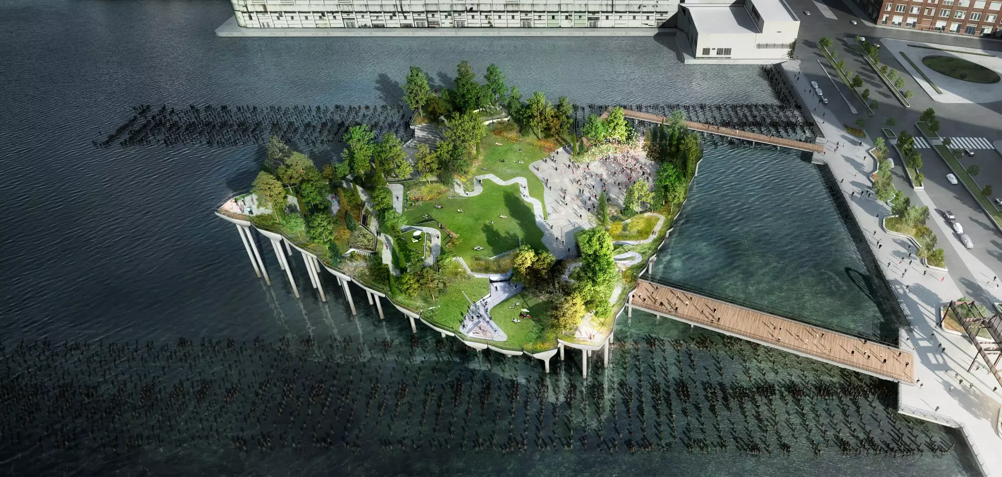 Đảo nhỏ, Bến tàu 55, Công viên sông Hudson, Kiến trúc sư cảnh quan Mathews Nielsen, Barry Diller