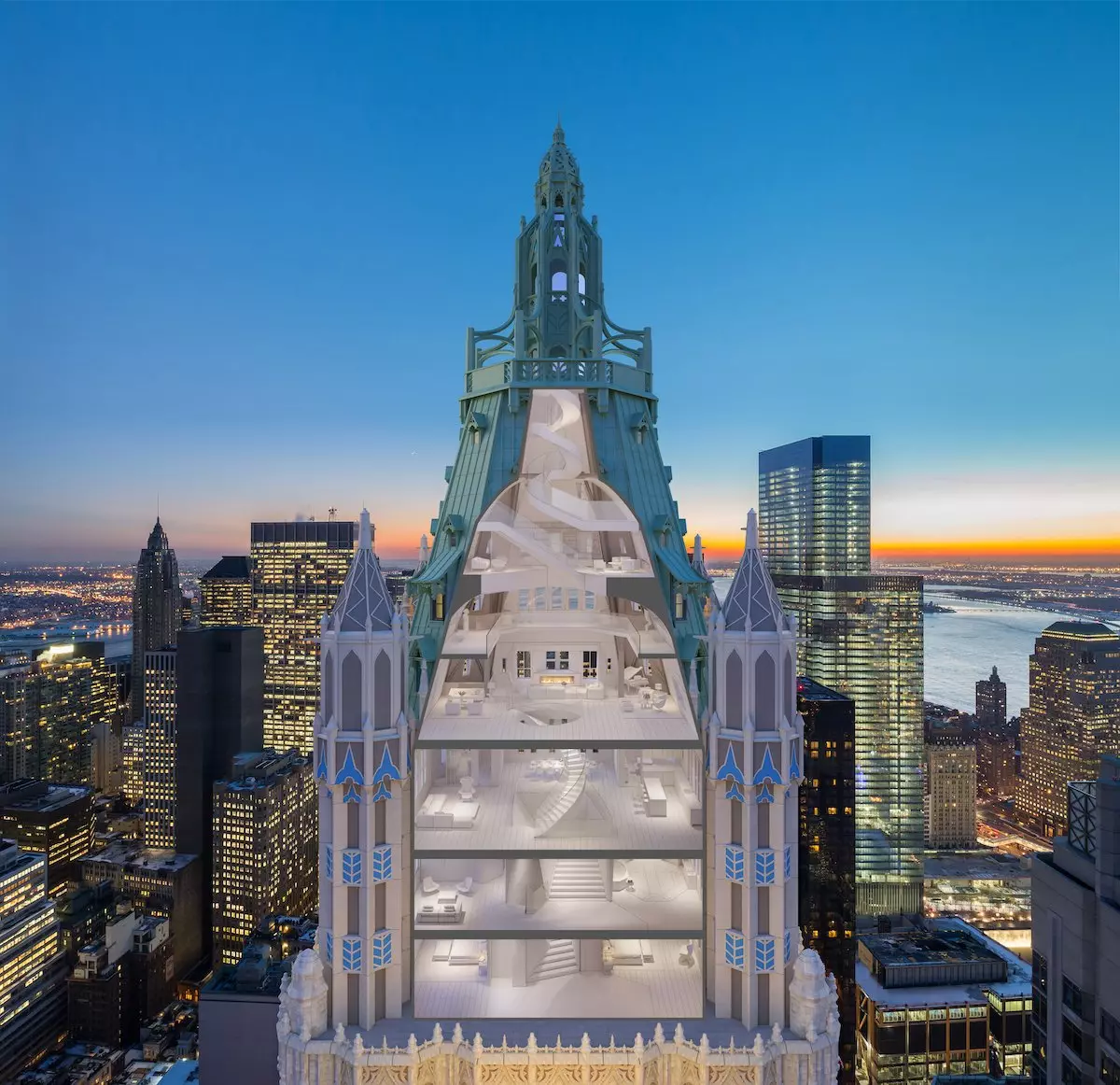 עיבודים חדשים מציגים פנטהאוז בסך 79 מיליון דולר בכתר המפורסם של בניין וולוורת' 8070_1