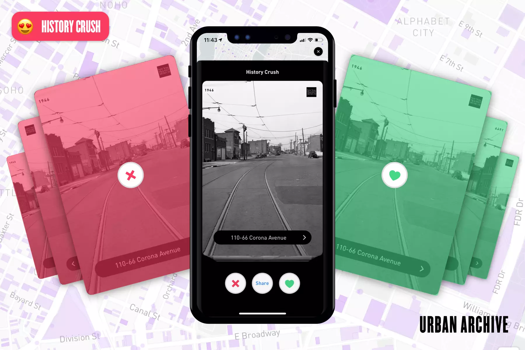 Urban Archive -sovelluksen uuden History Crush -ominaisuuden avulla voit pyyhkäistä oikealle suosikkikuvissasi NYC:n menneisyydestä 8471_1
